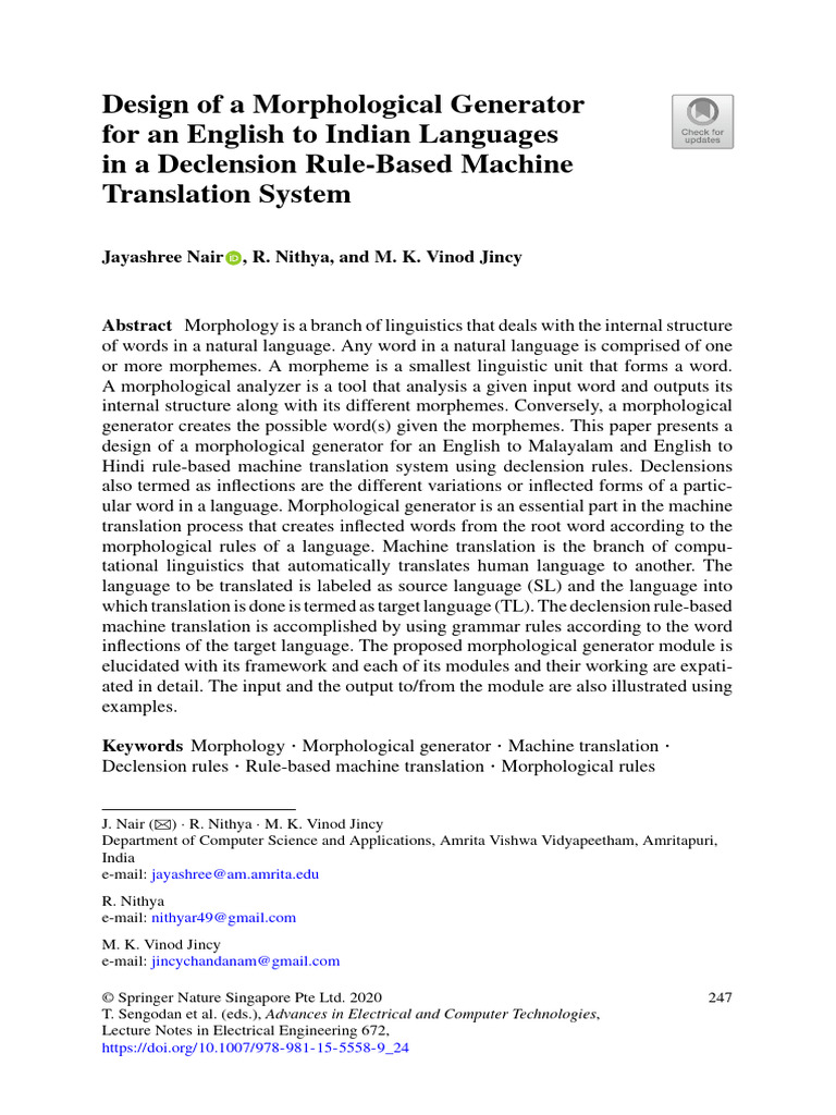 2019 - Design of A Morphological Generator For An English To Indian Languages in A Declension ...