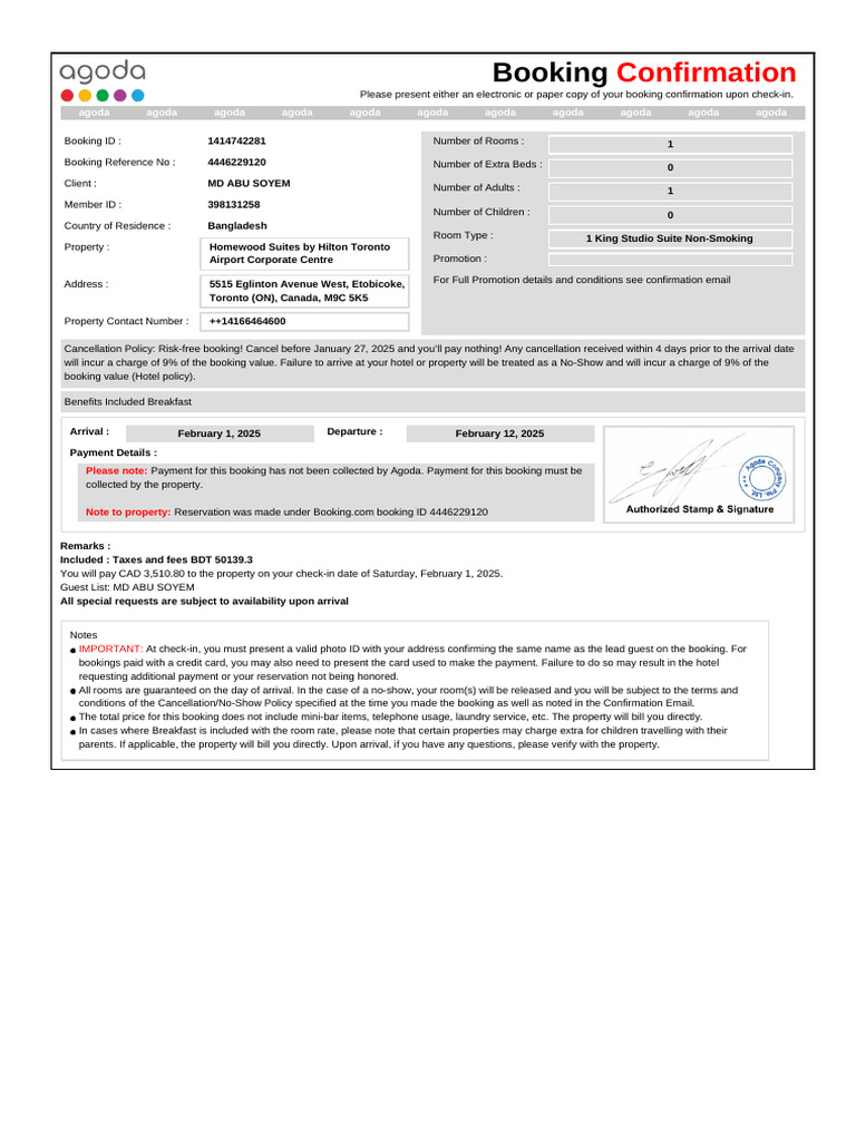 Agoda Booking Confirmation Details | PDF | Credit Card | Payments