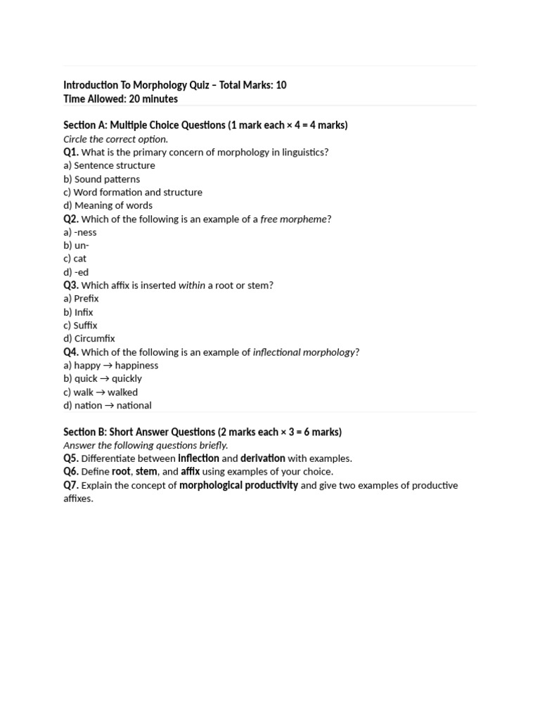 Introduction To Morphology Quiz | PDF