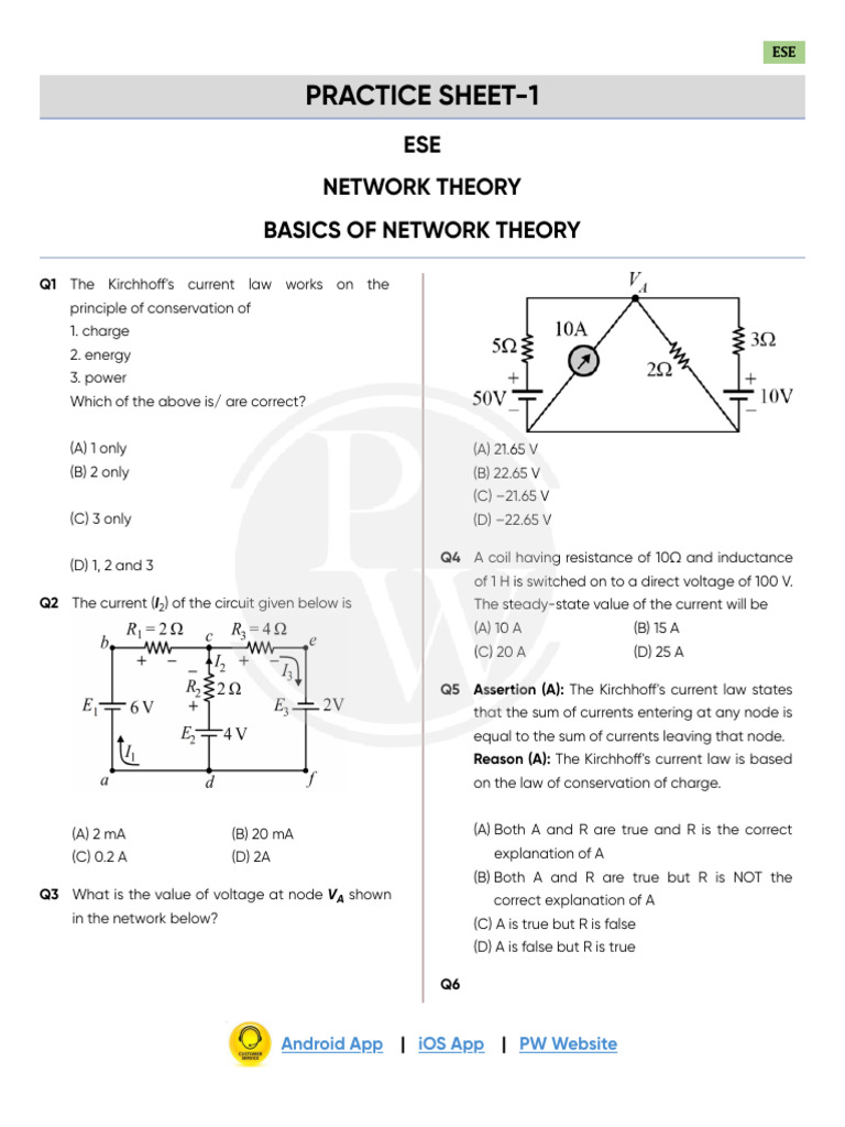 Basics of Network Theory - ESE - Practice Sheet 01 | PDF | Electrical Network | Resistor