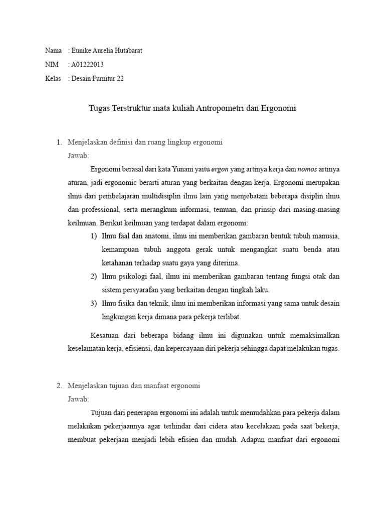 Eunike Aurelia H - A0122013 - Tugas 3 Dan 4 Ergonomi Dan Antropometri | PDF