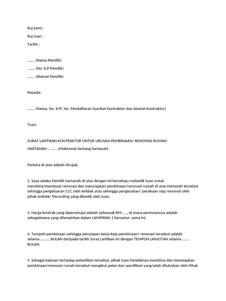 Surat Lantikan Kontraktor Pembinaan | PDF