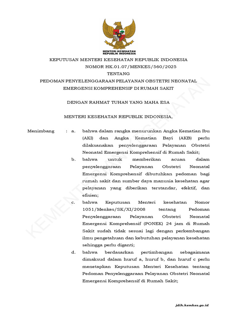 KMK Pedoman Penyelenggaraan Pelayanan Obstetri Neonatal Emergensi Ko | PDF