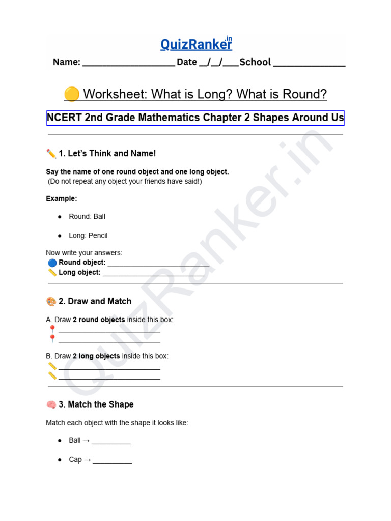 NCERT Class 1 Math Chapter 2 Worksheet What Is Long What Is Round 1st ...