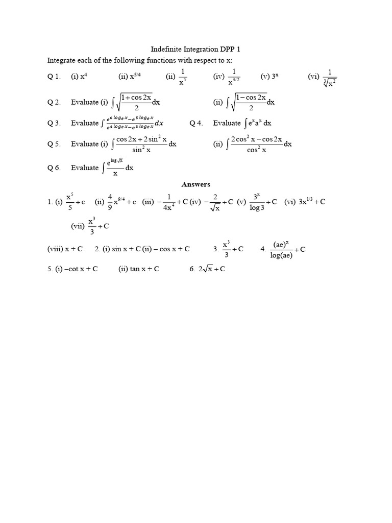 Indefinite Integration DPP 1 | PDF