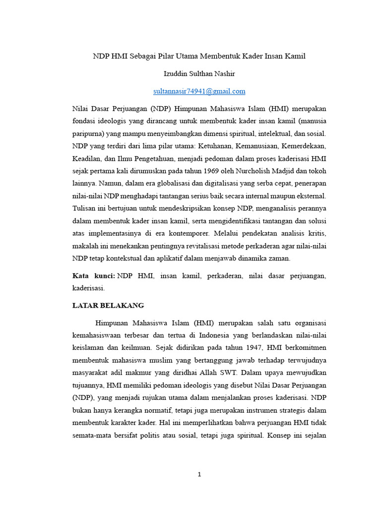 NDP HMI Sebagai Pilar Utama Membentuk Kader Insan Kamil | PDF