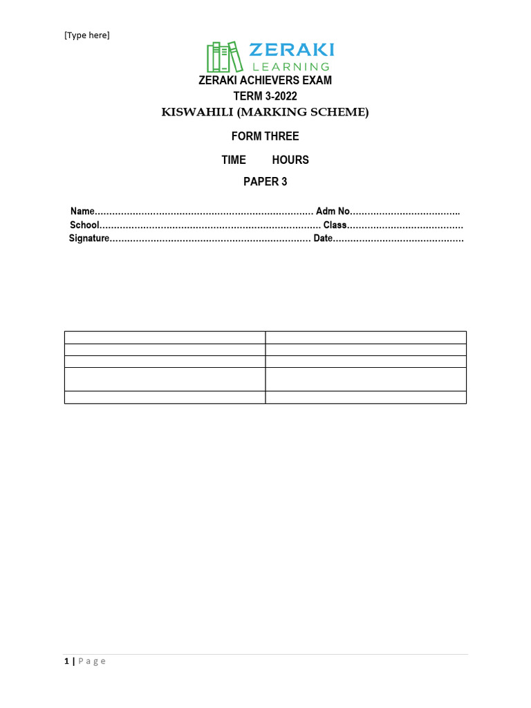 Kiswahili Form 3 Paper 3-Zeraki Achievers 5.0 - Marking Scheme | PDF