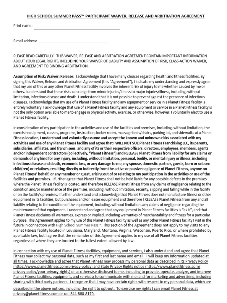 High School Summer Pass Waiver Agreement | PDF | Arbitration | Lawsuit