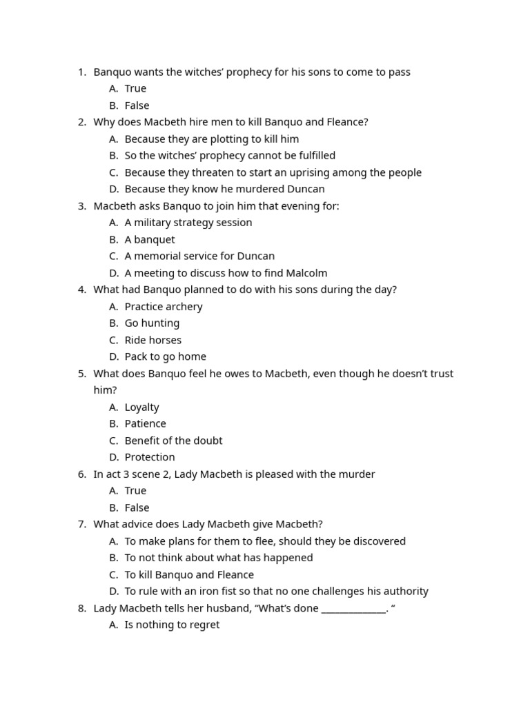 Macbeth Act 3 scene 1 n 2 MCQ rajni mam | PDF | Macbeth | Shakespearean Tragedies