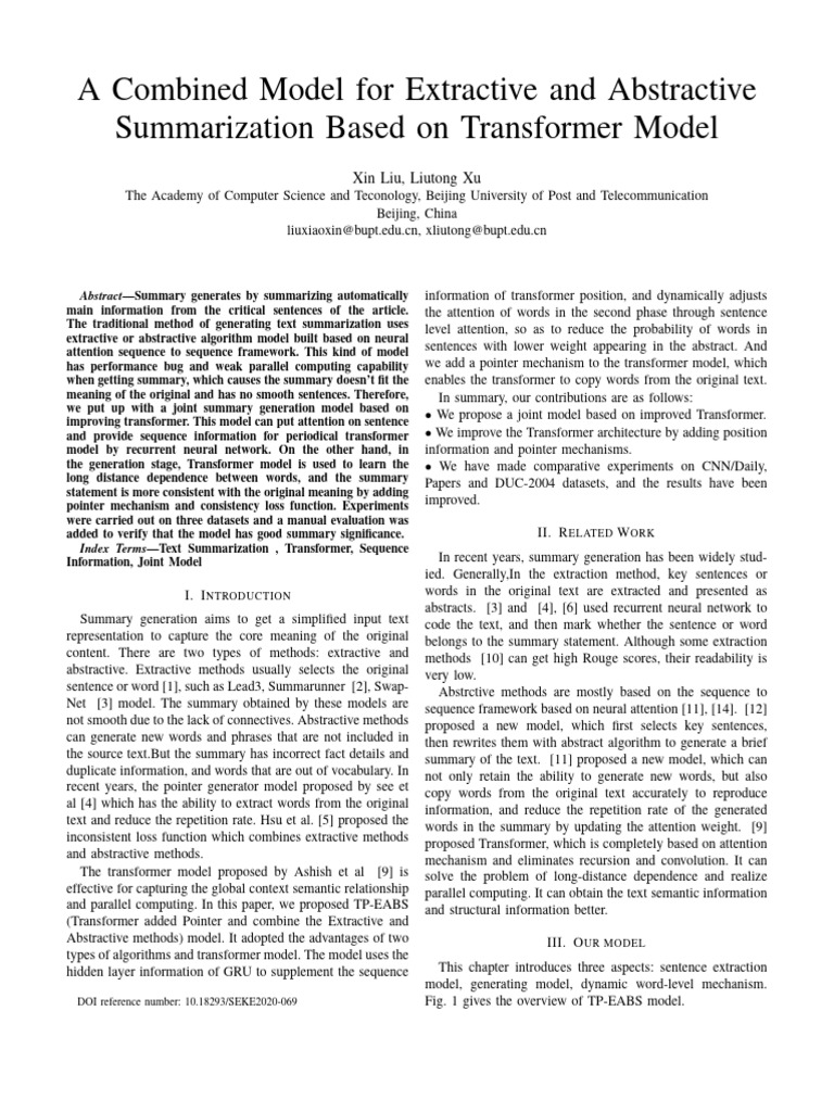 A Combined Model For Extractive and Abstractive Summarization Based On Transformer Model | PDF ...