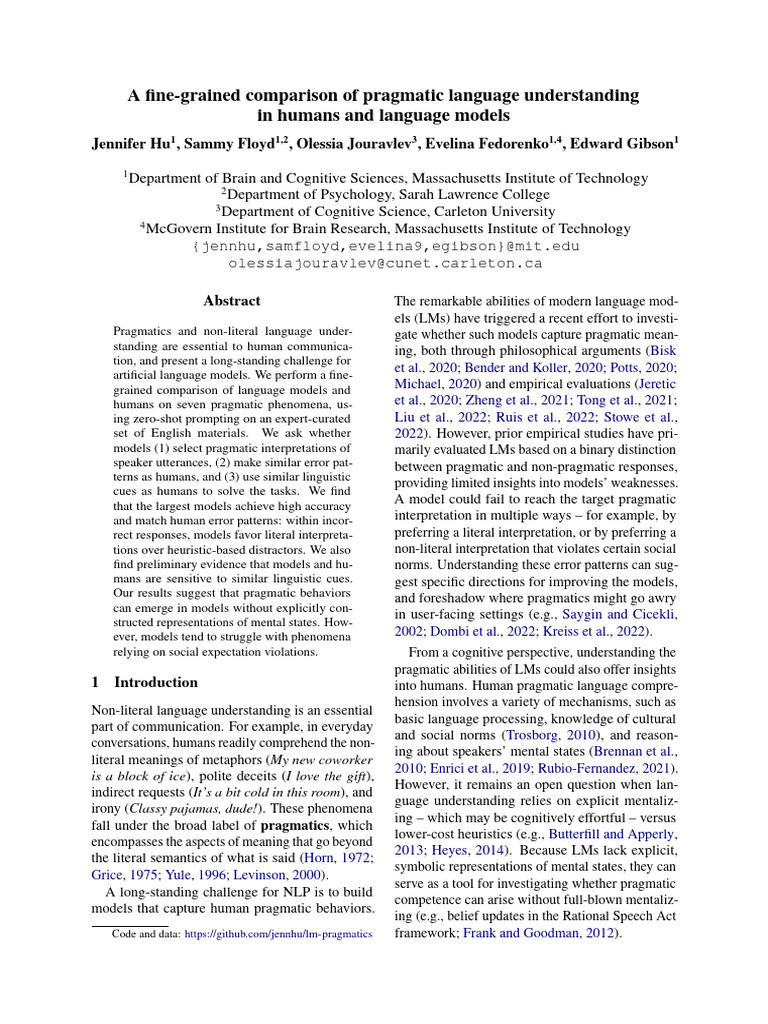 A Fine-Grained Comparison of Pragmatic Language Understanding in Humans ...