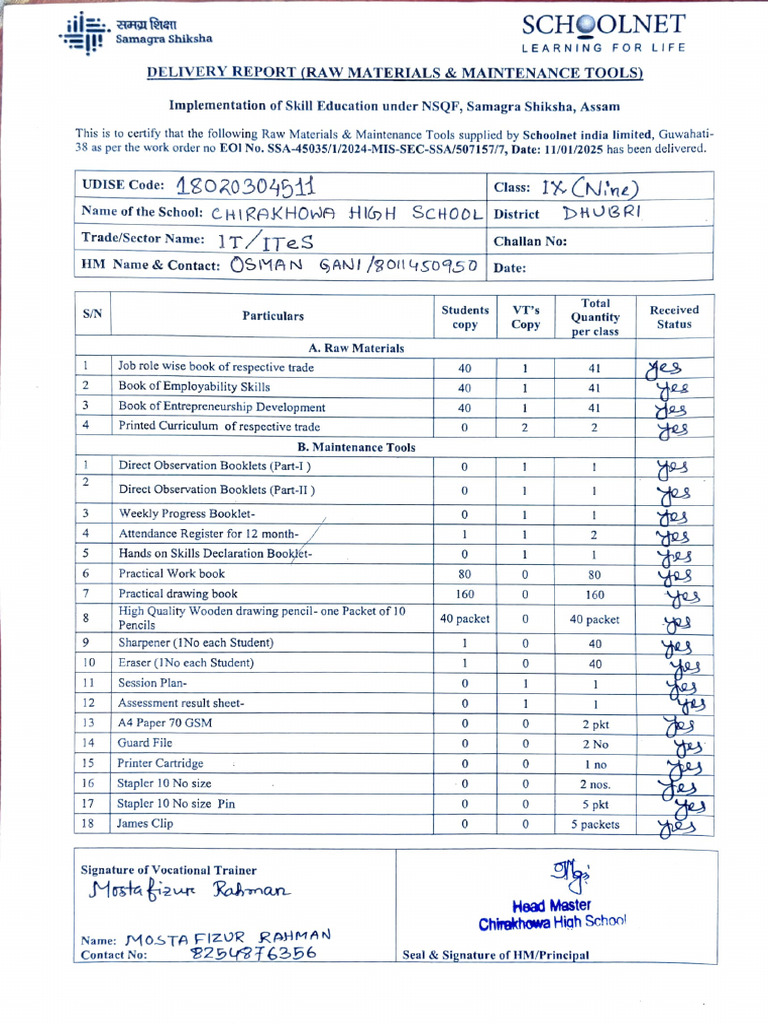Material Delivery Report for School | PDF | Office Work | Stationery