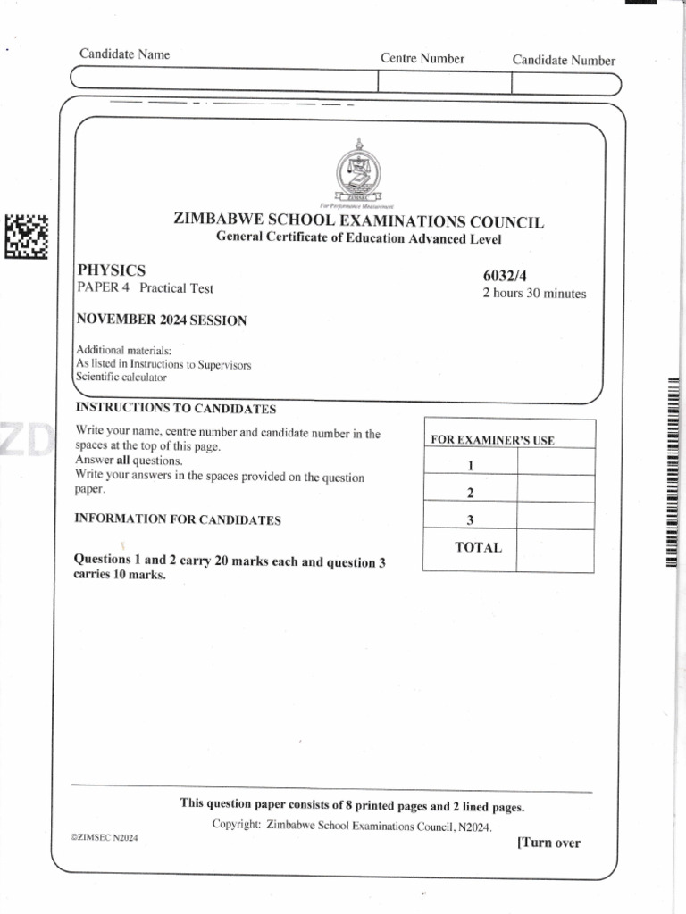 PHYSICS 6032 P4 A LEVEL 2024 - Nov - 100524 | PDF