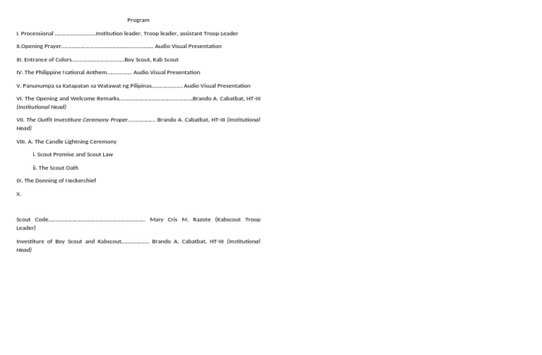 Boy Scout Investiture Ceremony Program | PDF