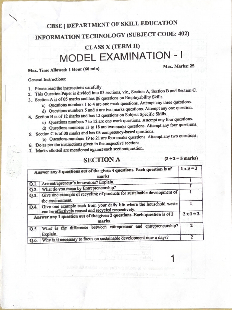 CBSE X Information Technology Model Examination Term 2 | PDF