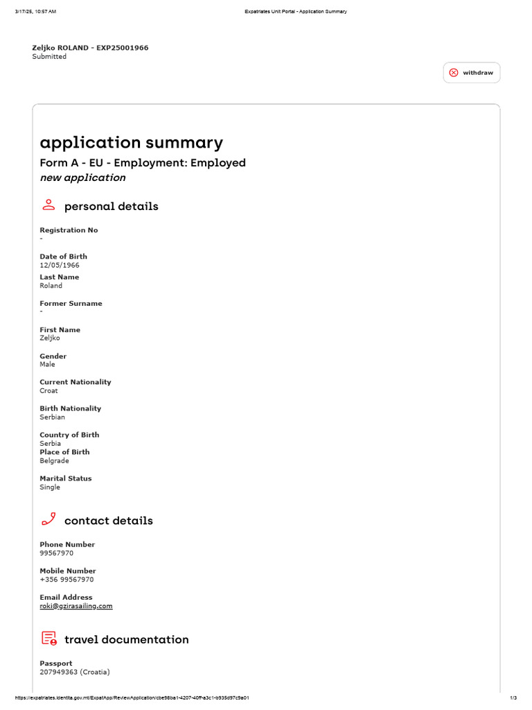 Expatriate Application Summary: Zeljko Roland | PDF | Government And ...