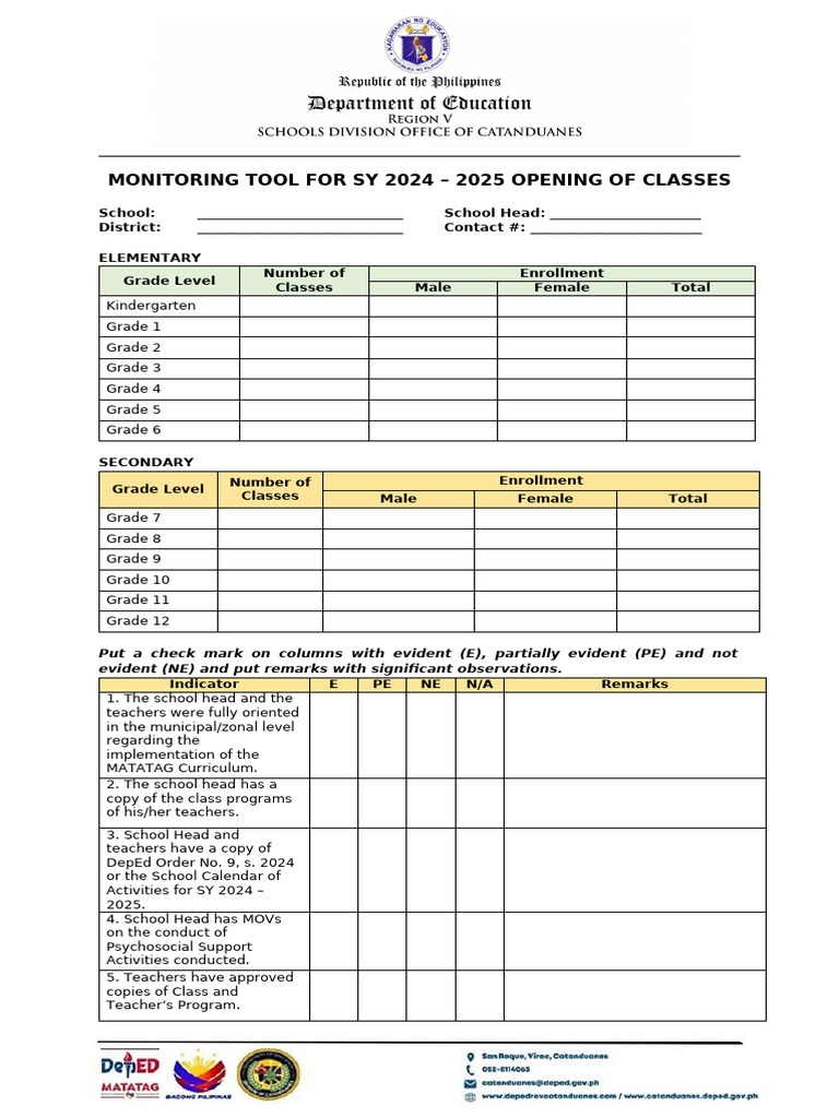 Monitoring Tool For Sy 2025 2026 1 | PDF | Curriculum | Teaching