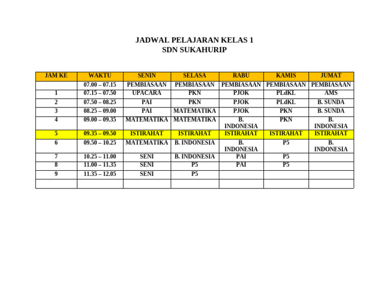 Jadwal Pelajaran Kelas 1 Pdf