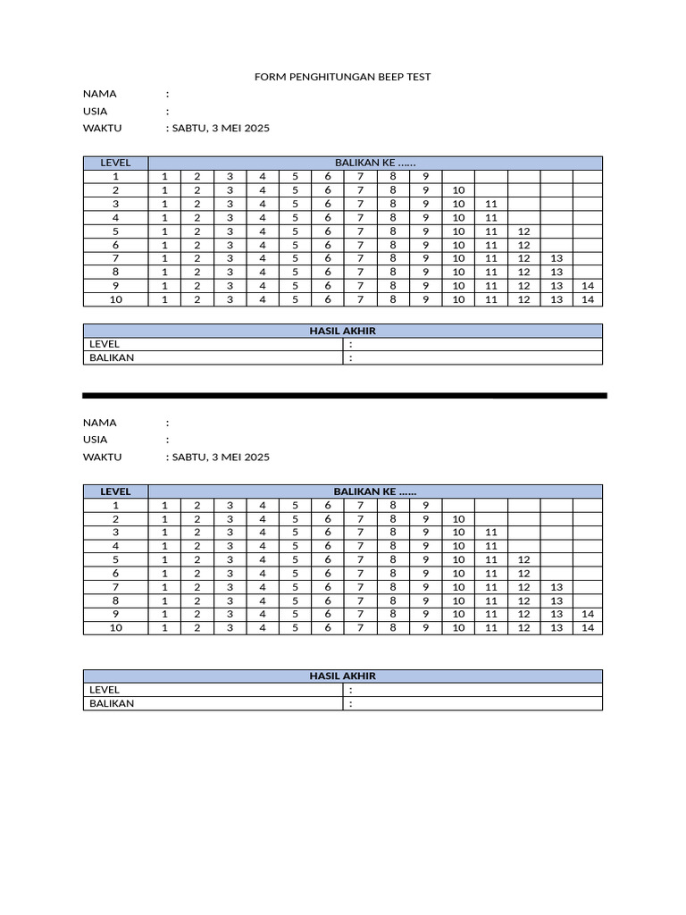 Form Penghitungan Beep Test | PDF