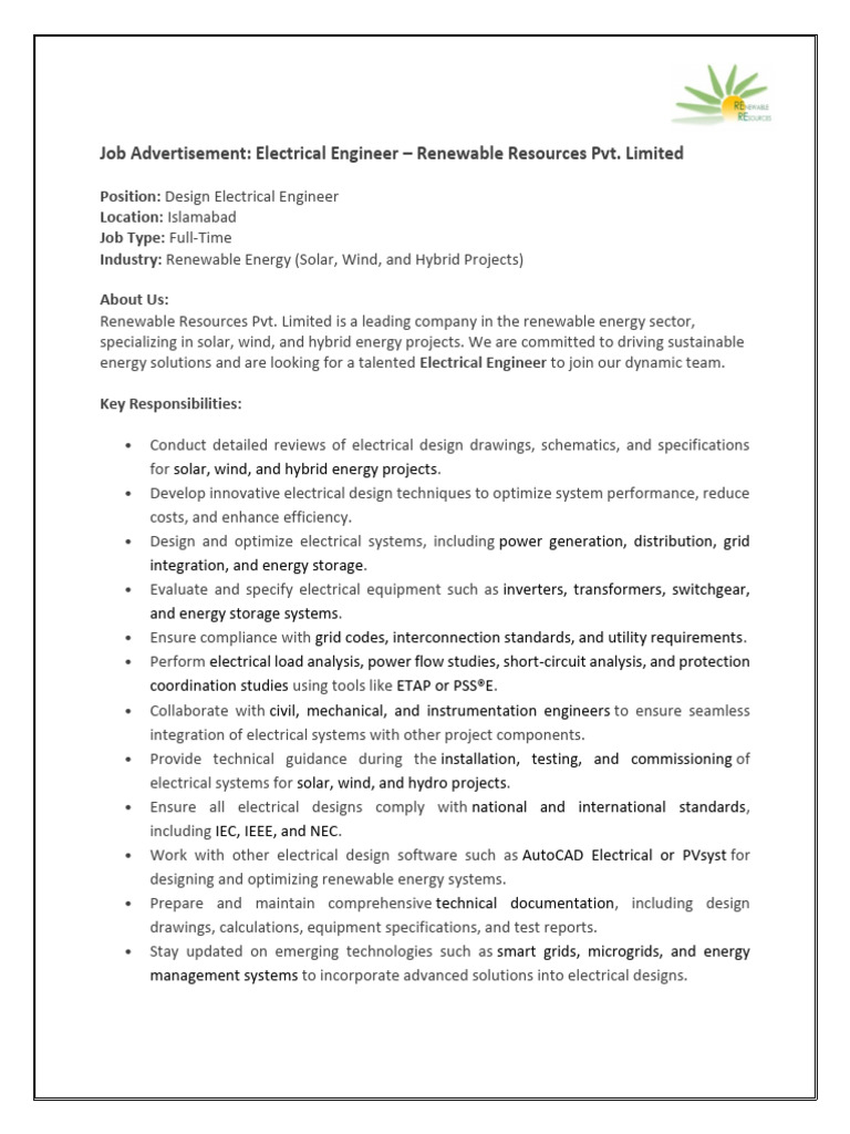 Job Advertisement For Electrcial Design Engineer | PDF | Electrical ...