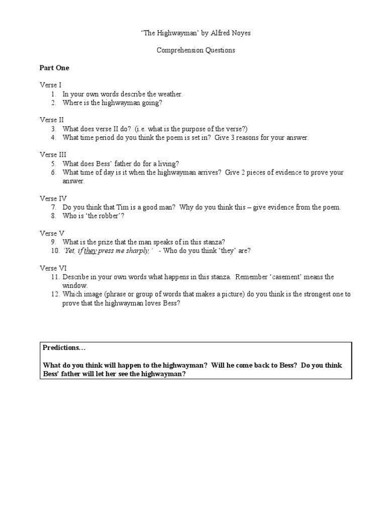 The Highwayman Worksheets