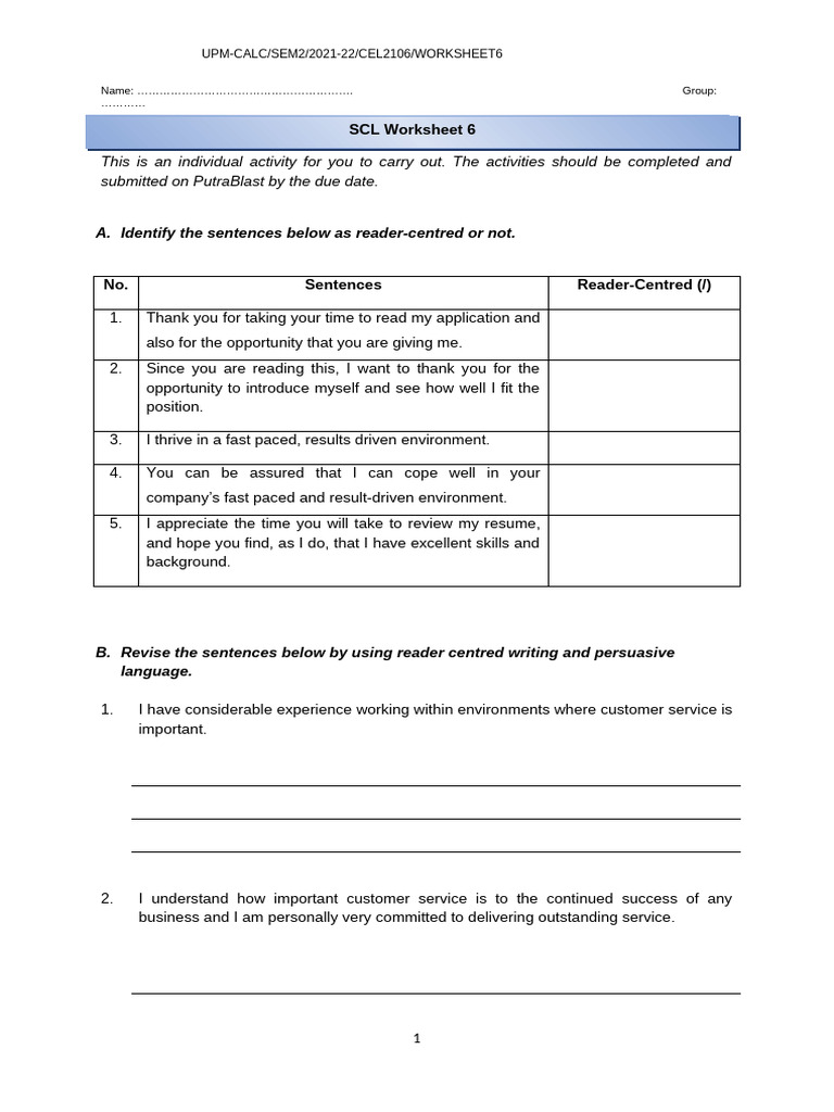 Cel2106 SCL Worksheet 6 | PDF