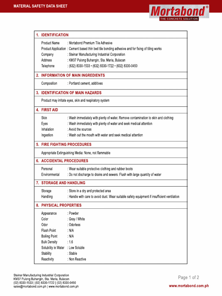 Mortabond Tile Adhesive MSDS | PDF