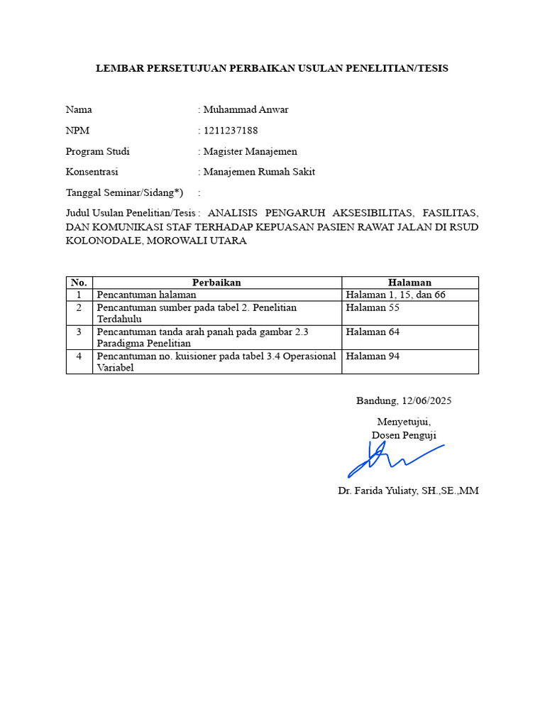 Lembar Persetujuan Perbaikan Usulan Penelitian - 1 TTD | PDF