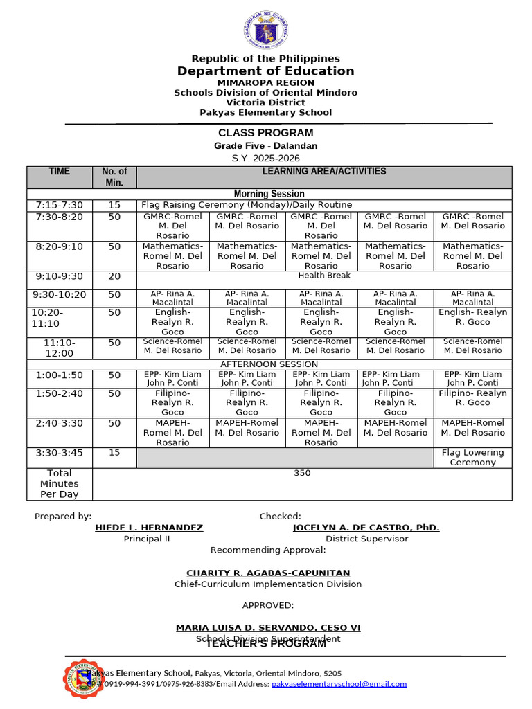 Grade 5 Class Program 2025-2026 | PDF | Government | Public Administration