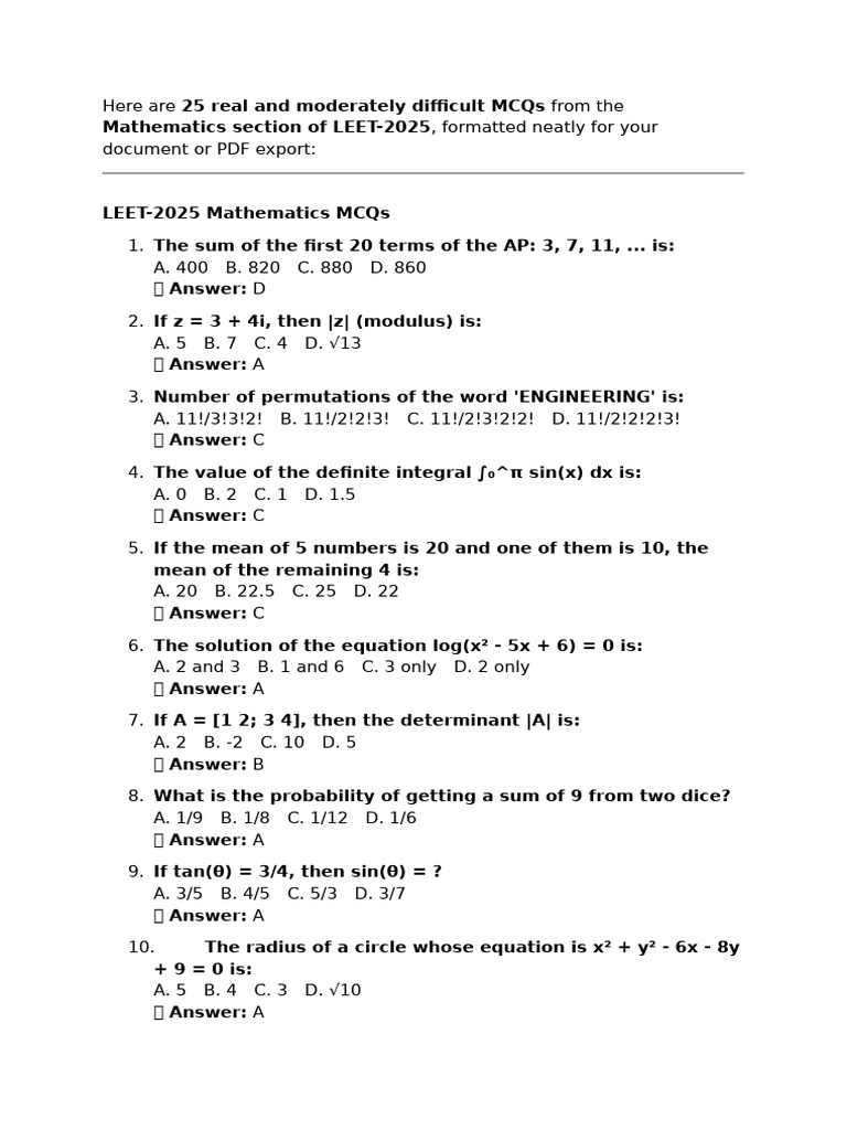 Here Are 25 Real and Moderately Difficult MCQs From The Mathematics ...
