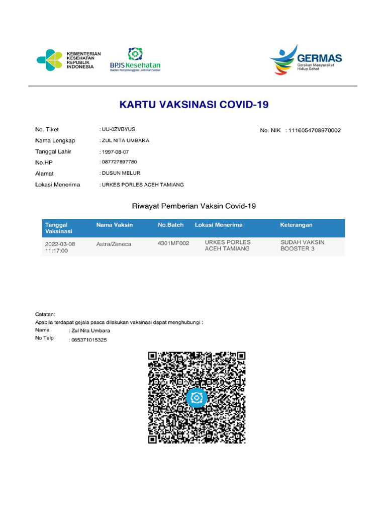 Surat Keterangan Vaksin Zul Nita Umbarar | PDF