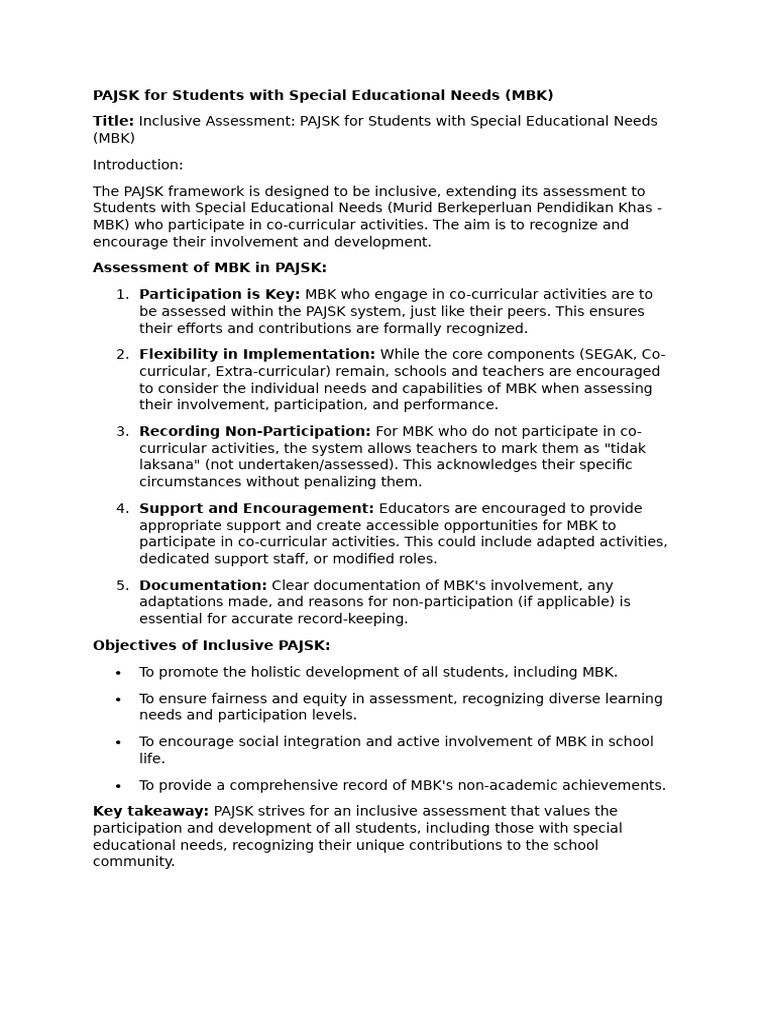 Inclusive PAJSK for Special Needs Students | PDF