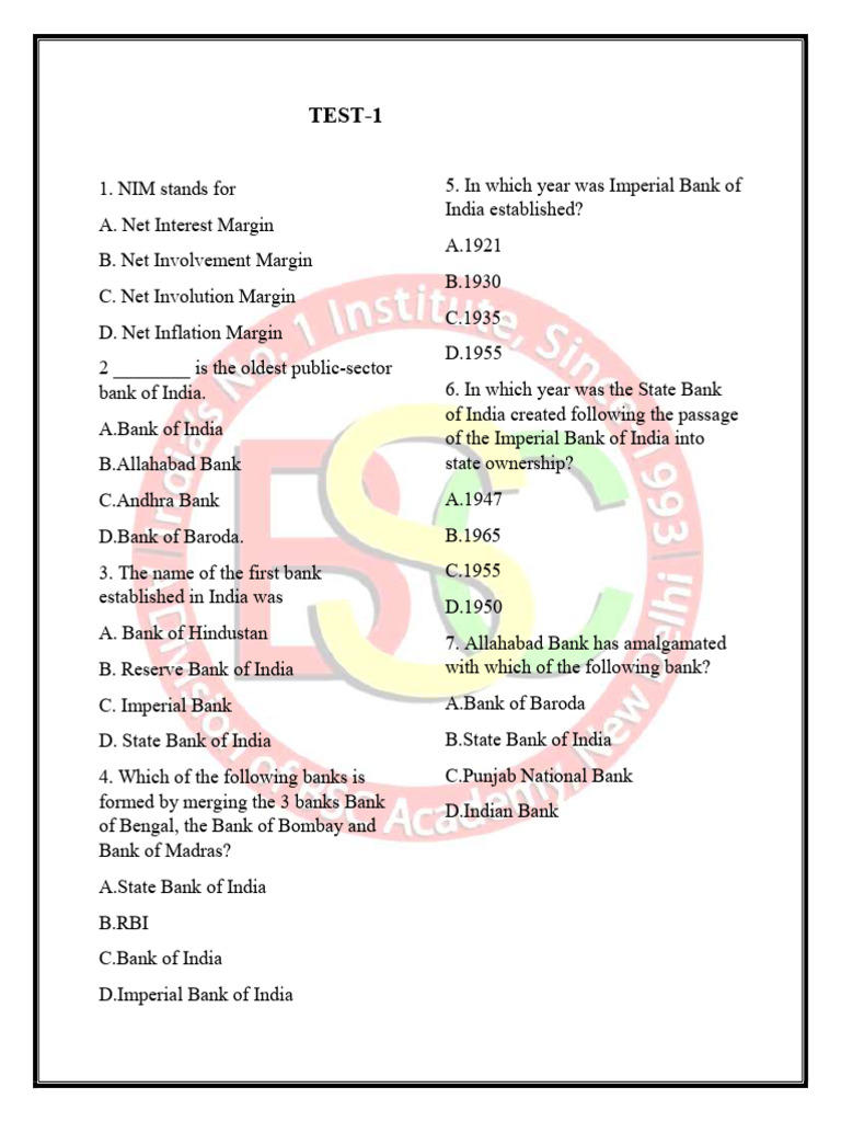 Banking MCQ Question Bank Test 1 | PDF