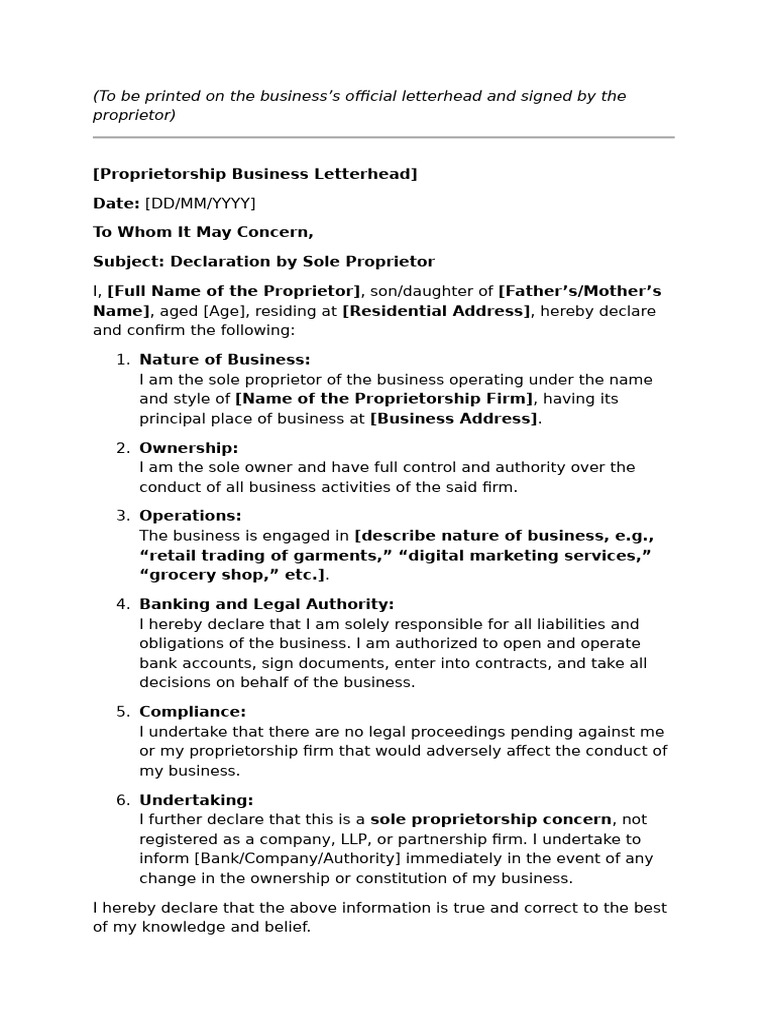 Declaration by Sole Proprietor | PDF