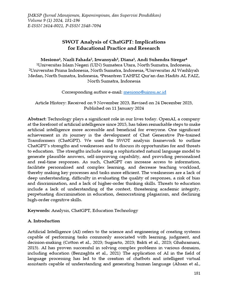 A SWOT Analysis of ChatGPT-Implications For Educational Practice and Research | PDF | Swot ...