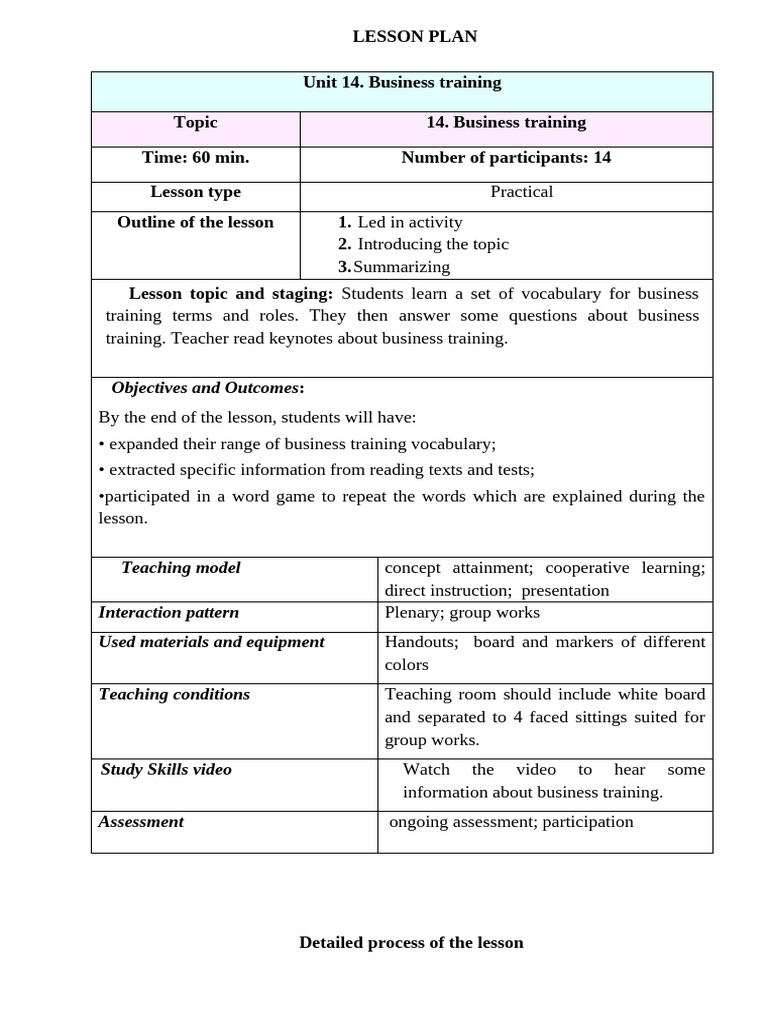 Unit 14 Lesson Plan Business Training | PDF | Skill | Vocabulary