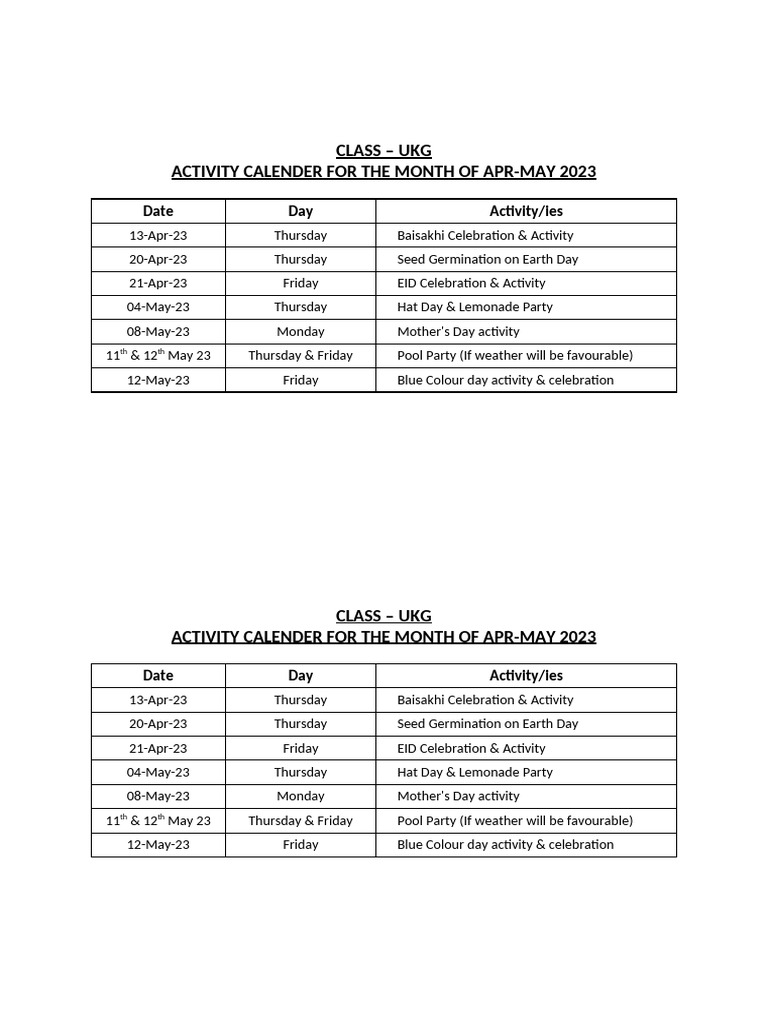 UKG Activity Calendar: Apr-May 2023 | PDF