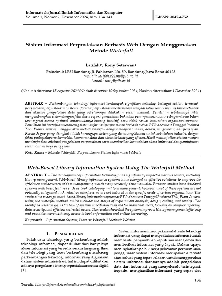 Sistem Informasi Perpustakaan Berbasis Web Dengan Menggunakan Metode Waterfall | PDF