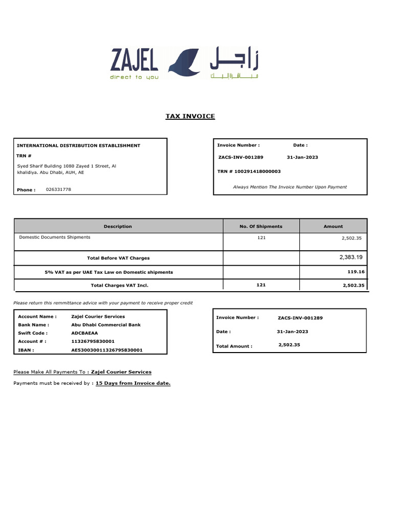 Zajel Courier Invoice - Abu Dhabi | PDF
