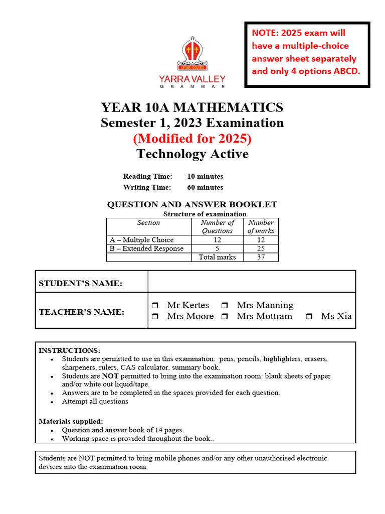 2025 10A Practice Exam TA (Mod From 2023) | PDF | Multiple Choice ...