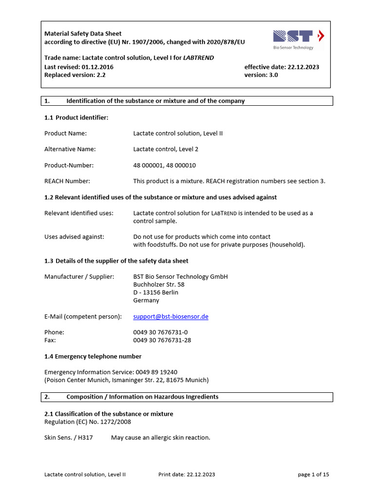 MSDS 25 Lactate Control Solution LII 48 en | PDF | Dangerous Goods | Safety