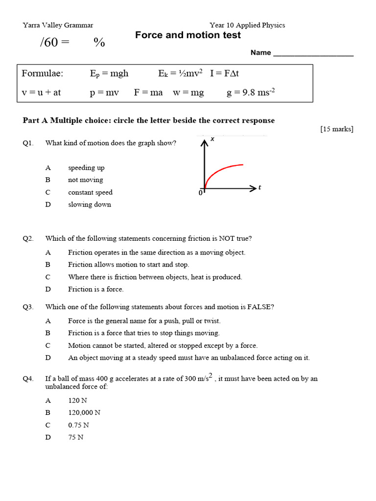 Year 10 Physics Force and Motion Test | PDF | Weight | Force