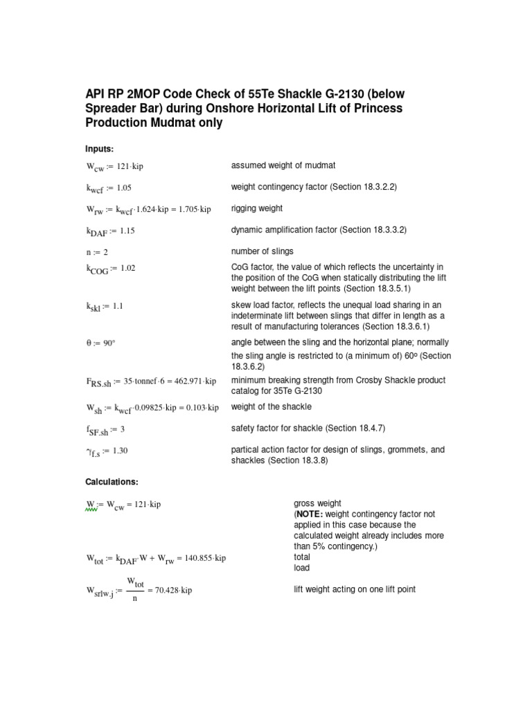 Mathcad - API RP 2MOP Code Check of Shackle During Horizontal 2pt Lift ...