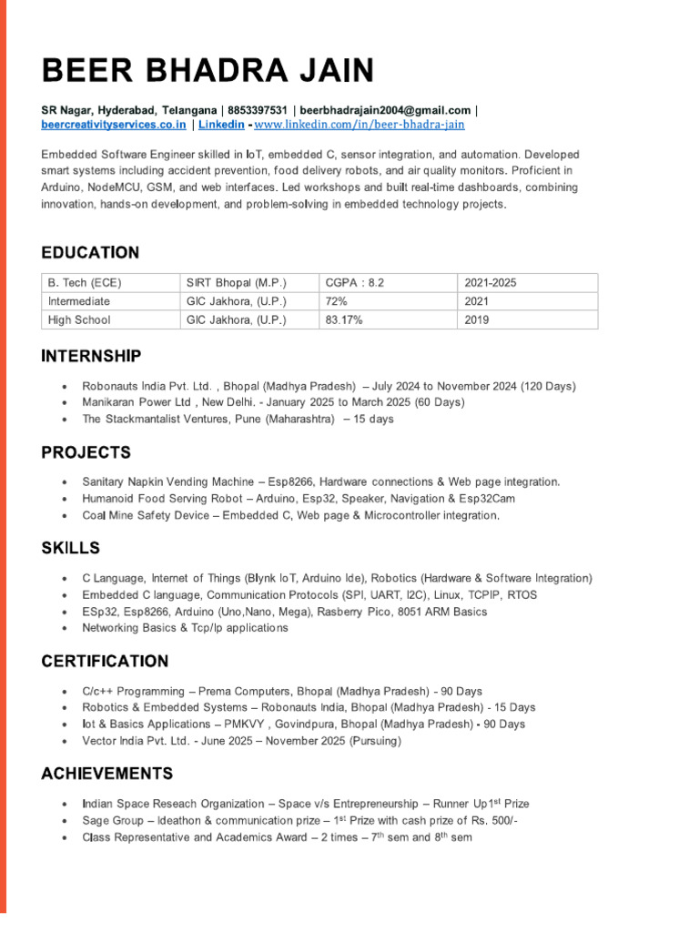 Beer Bhadra Jain (Embedded Engineer Resume) | PDF