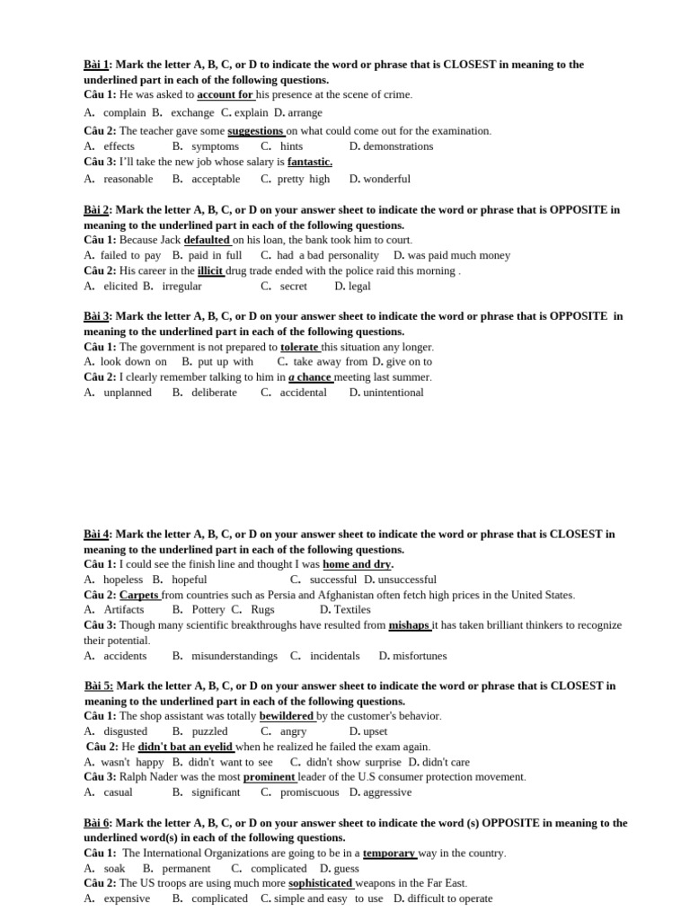 Synonyms and Antonyms Exercises | PDF