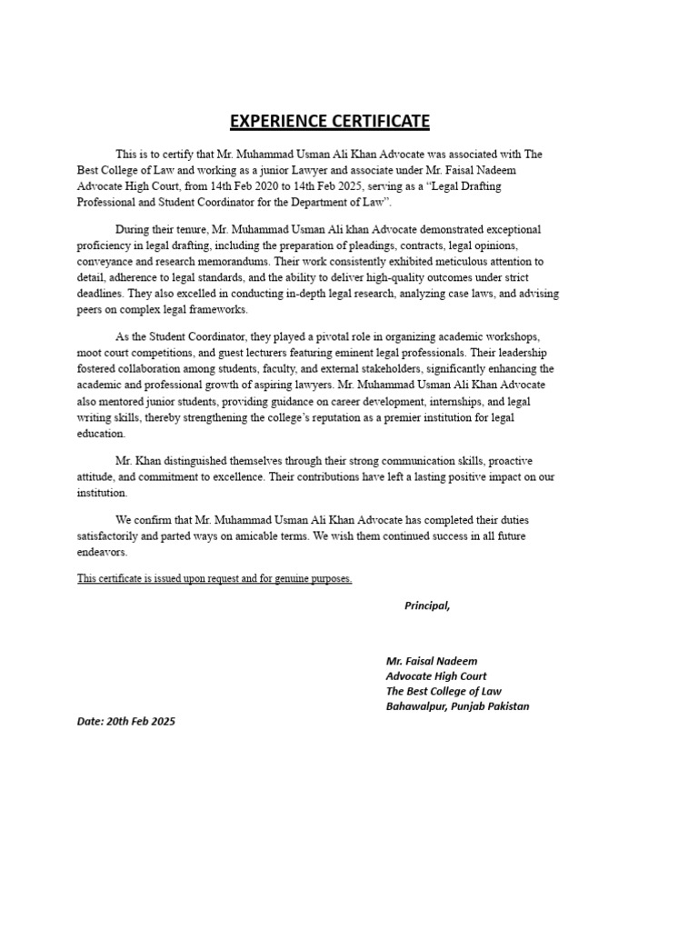 Junior Advocate Experience Certificate | PDF