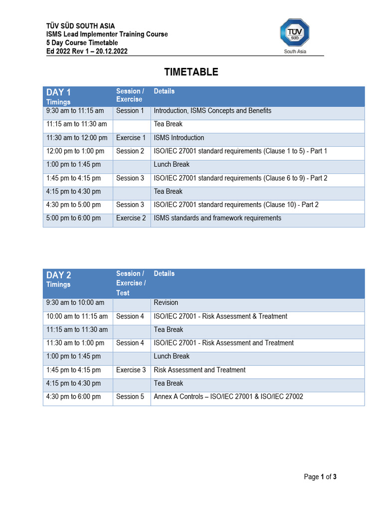 ISMS Lead Implementer Course Timetable | PDF