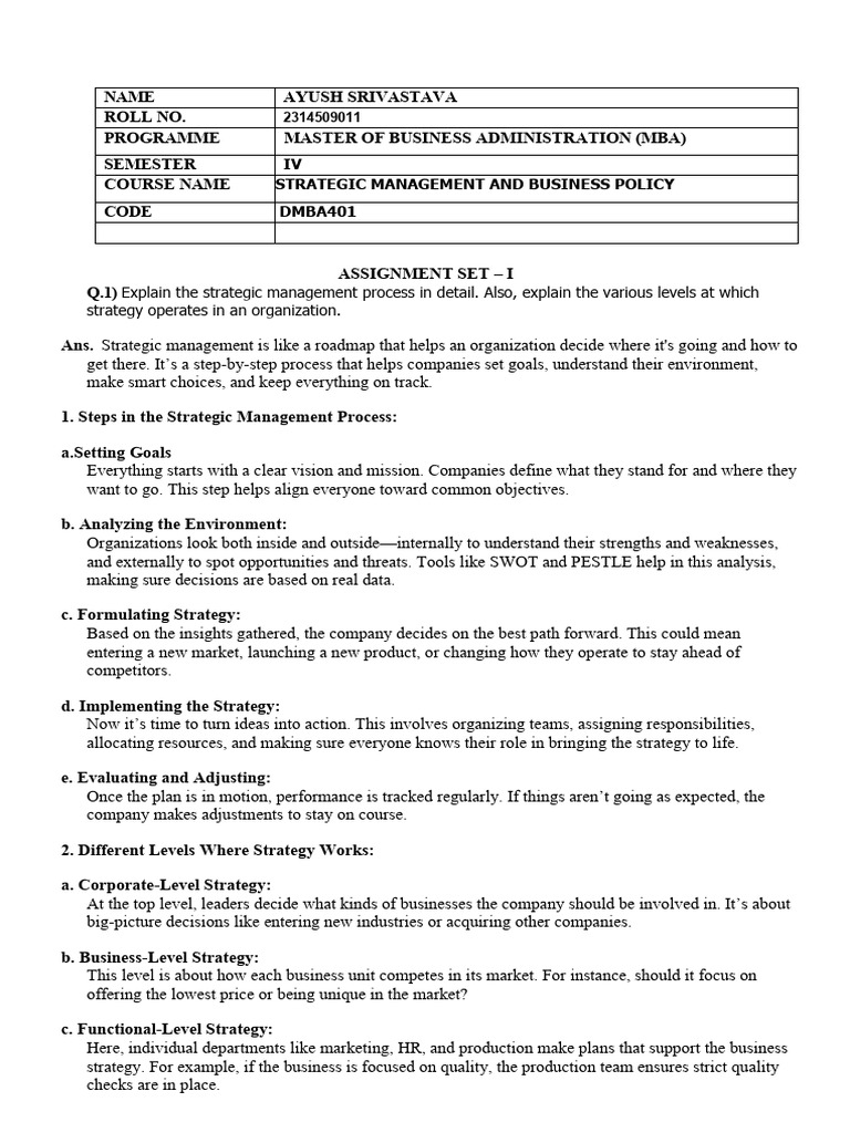 Ayush Srivastava Assignment DMBA401 - 4MBA | PDF | Strategic Management | Swot Analysis