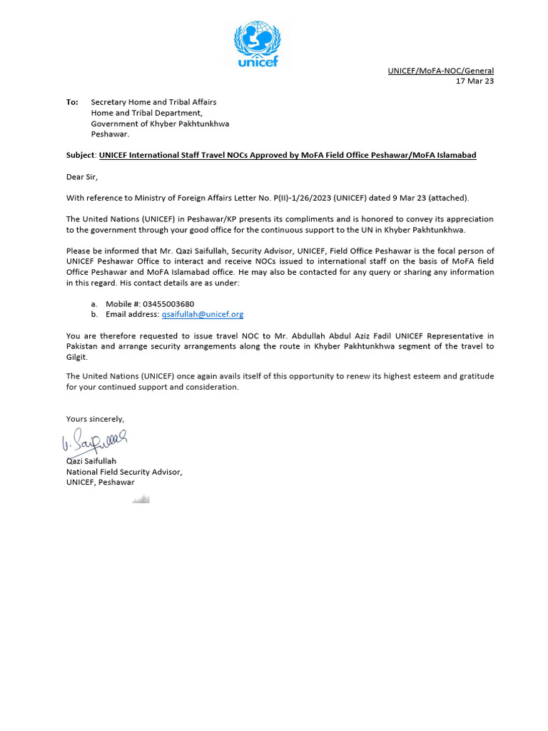 Letter To Home Department - NOC For Rep To Gilgit | PDF