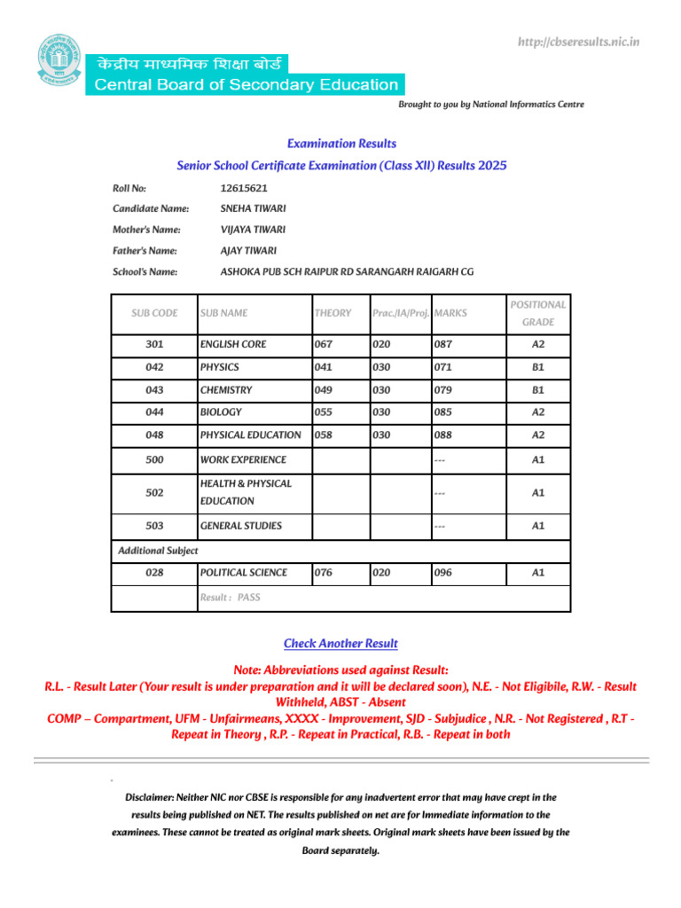 CBSE Class XII Results 2025 for Sneha Tiwari | PDF
